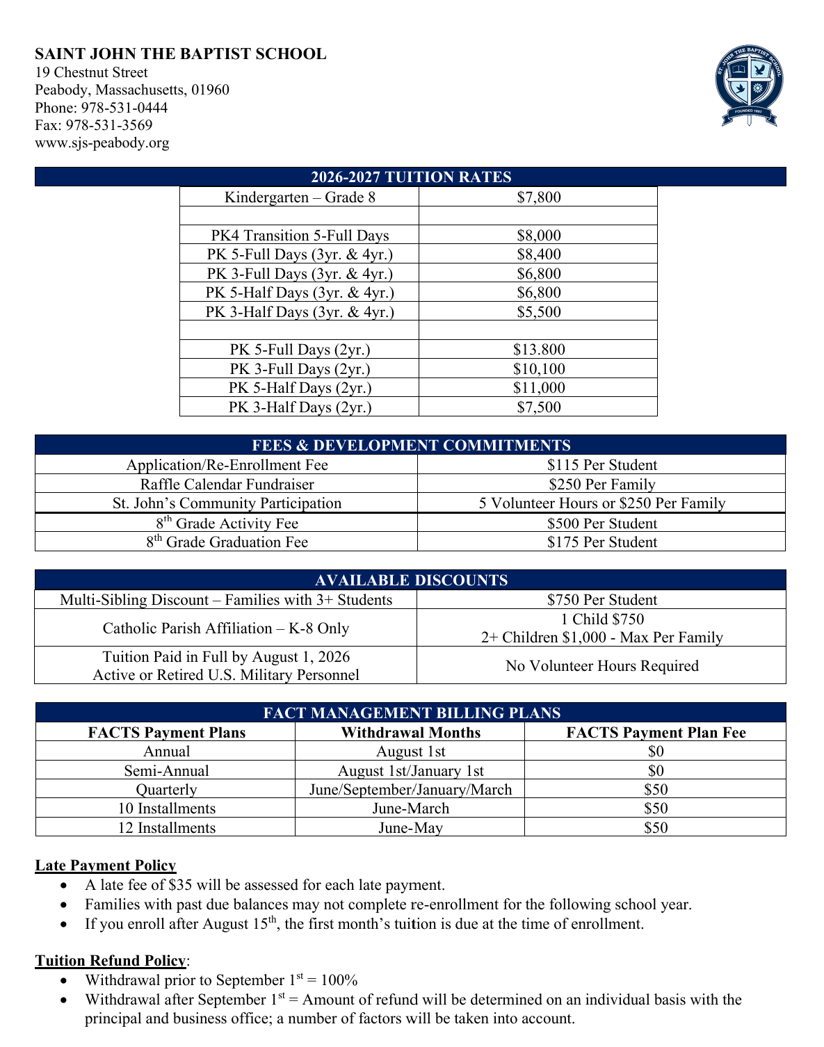 Tuition and Payment Schedule - St John the Baptist School